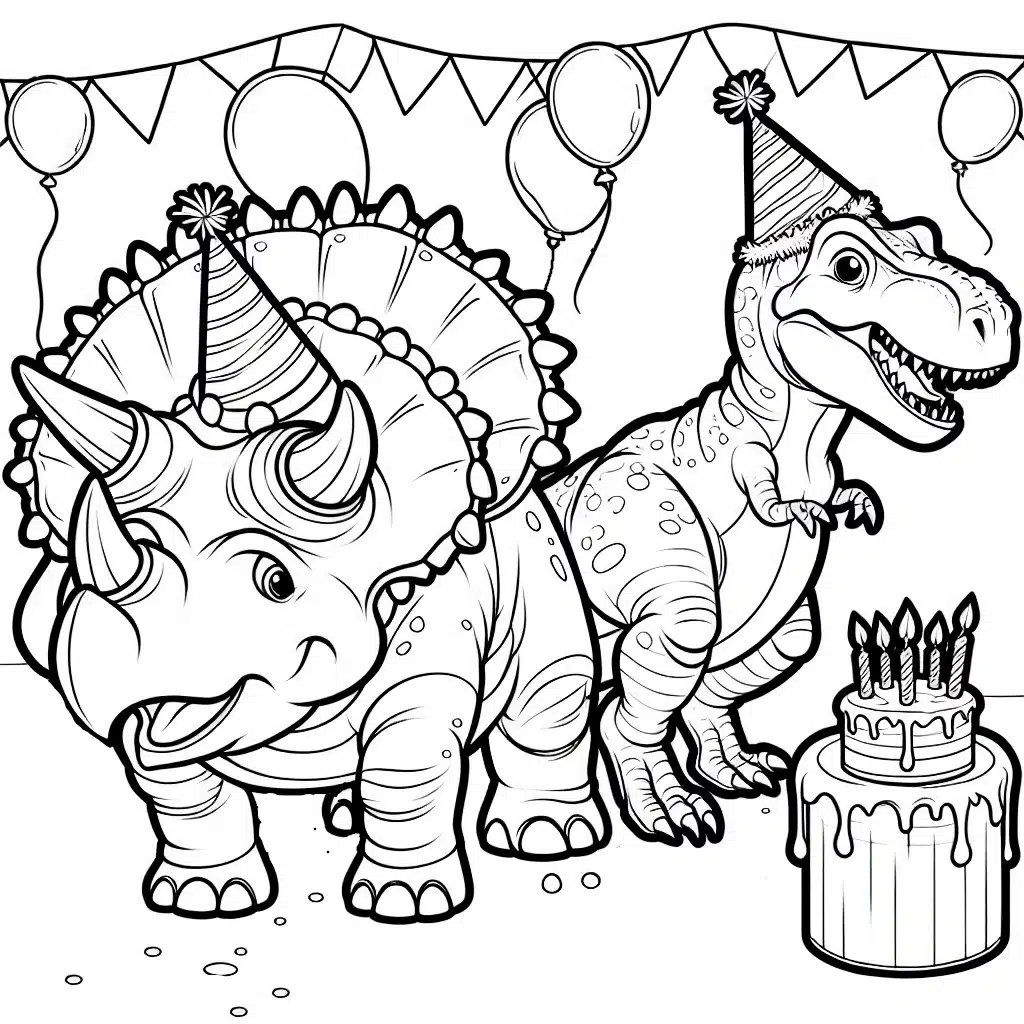 Triceratops T-Rex Birthday Coloring Page - GoGo Coloring